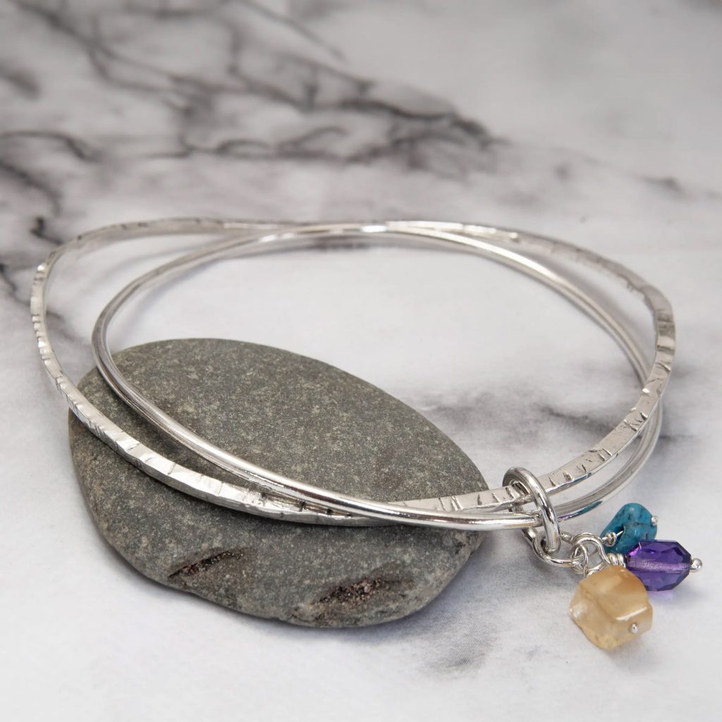 Double Bangle Textured square wire and round wire bangle with bead ...